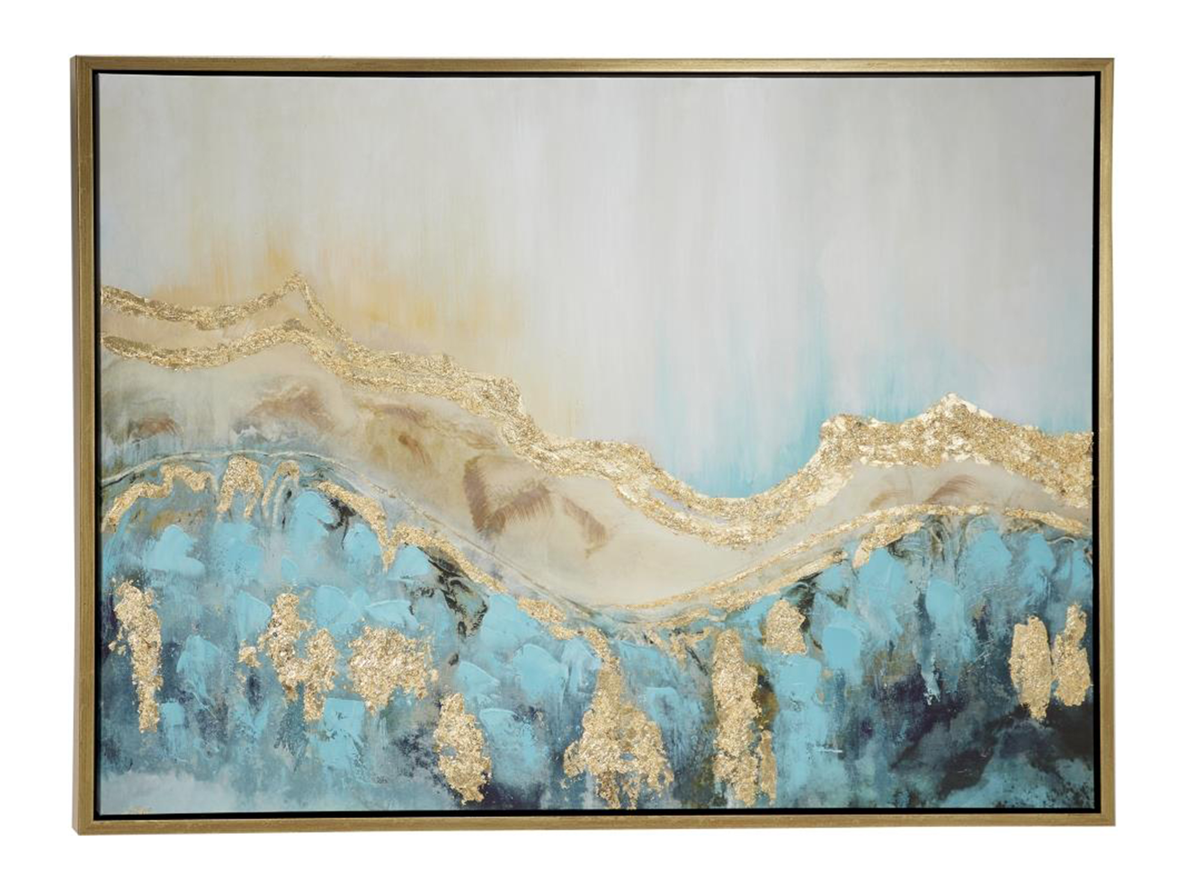 Aqua & Gold Abstract Framed Oil Painting 71"W x 20"H | Steinhafels