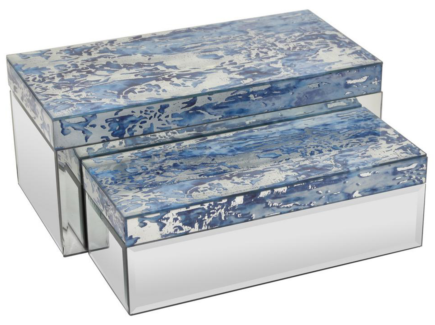 Set of 2 Blue Mirrored Glass Boxes 14"W x 6"H | Steinhafels